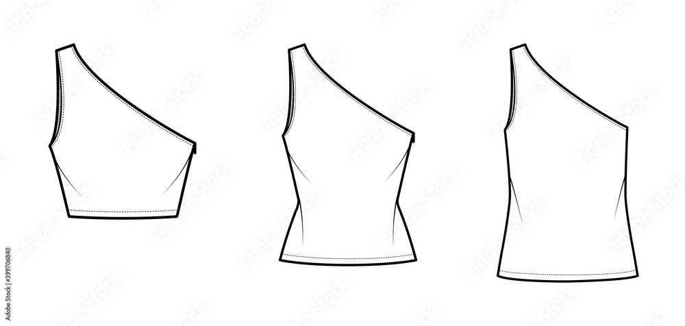 Set of One-shoulder tops tank technical fashion illustration with ...