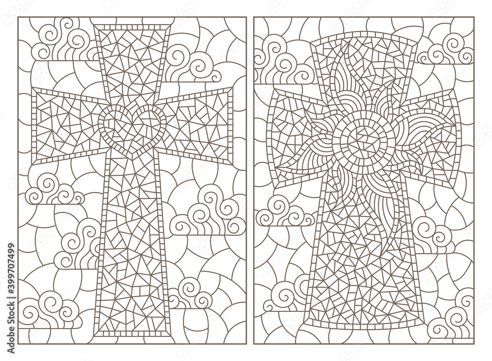 Set of contour illustrations in stained glass style with Christian ...