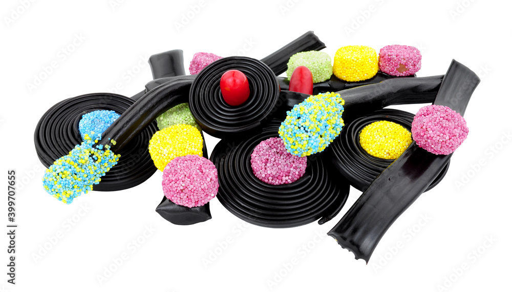 Group of novelty liquorice sweets including Catherine wheels, spinning ...