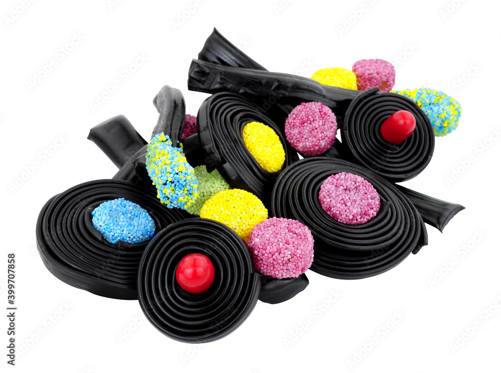Group of novelty liquorice sweets including Catherine wheels, spinning ...