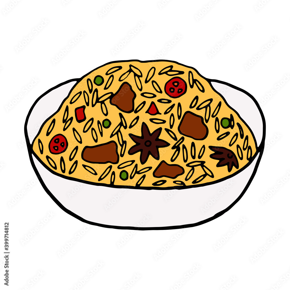 Vector hand drawn doodle biryani. Indian cuisine dish. Design sketch ...