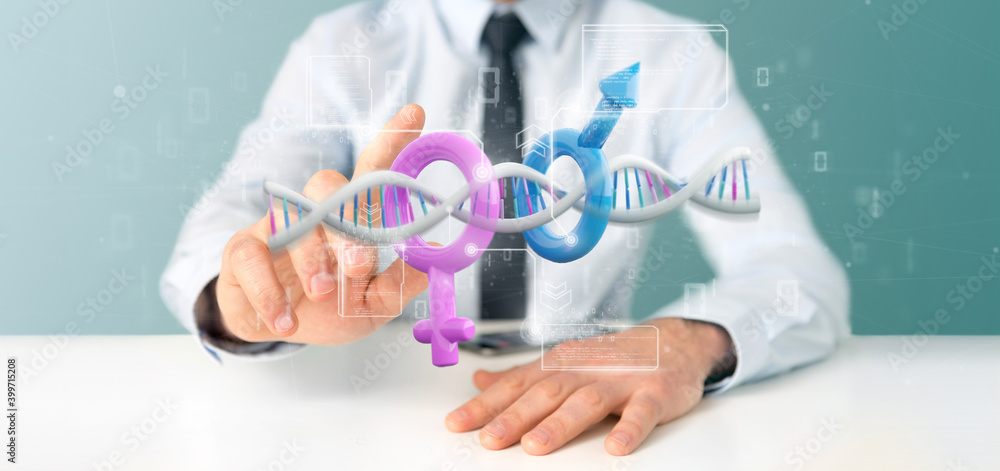 Businessman holding a DNA with data and male and female symbol - 3d ...