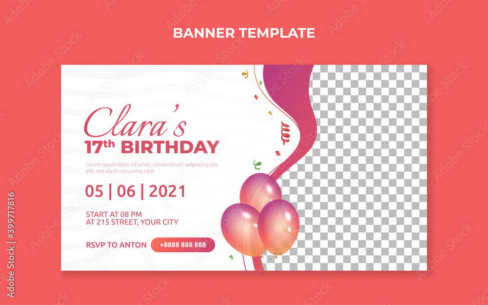 Birthday party invitation banner template with balloons and confetti ...