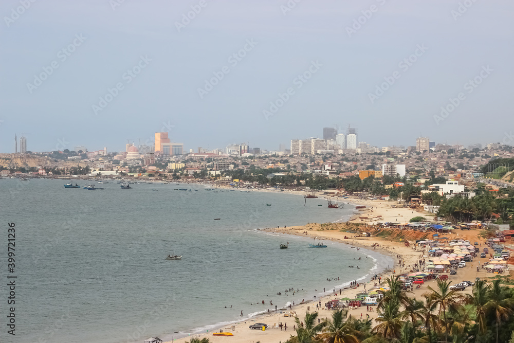 Aerial view of downtown Luanda, marine coast and beach, marginal and ...