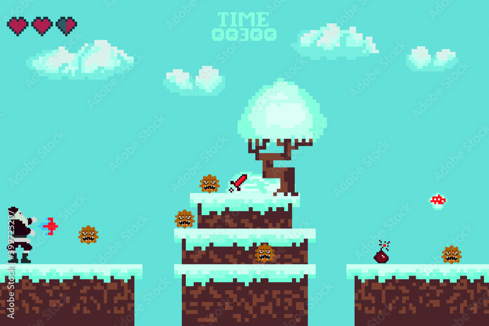 Computer pixel game interface, santa claus character, 8-bit view, hero ...