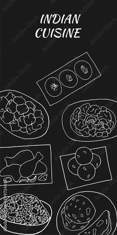 Vector hand drawn of indian cuisine poster with aloo gobi, biryani ...