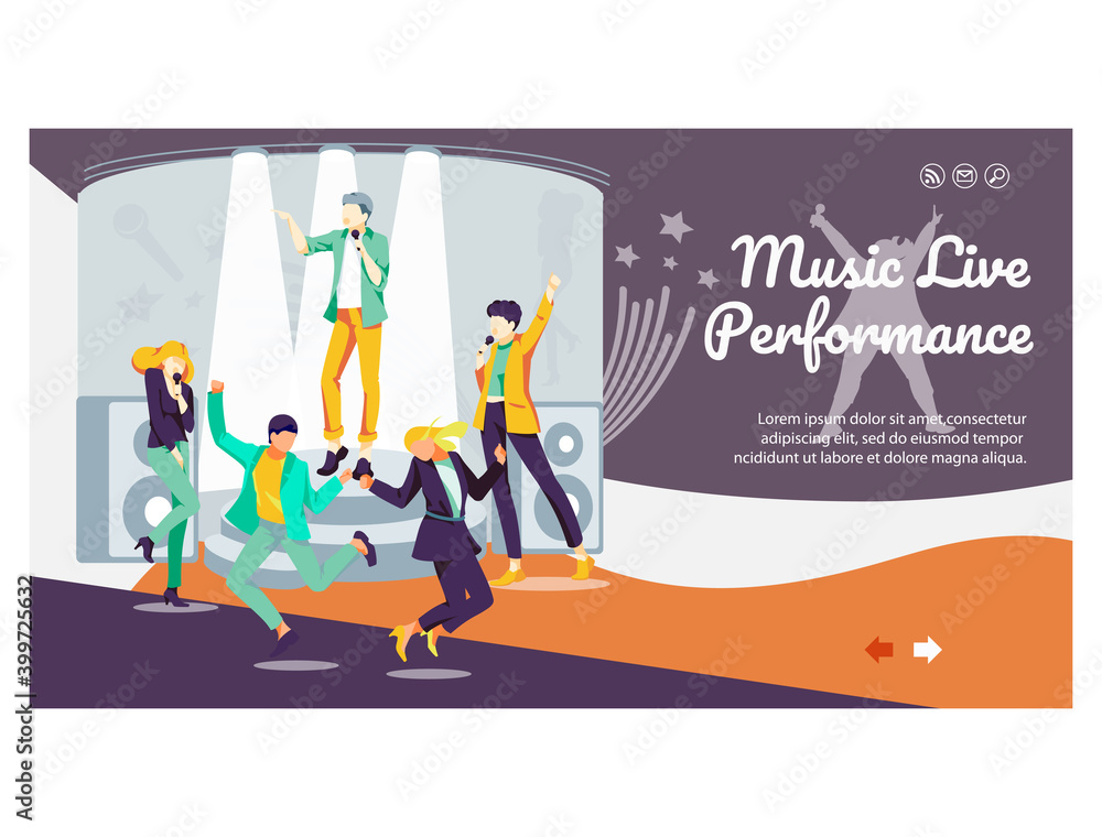 Music live performance landing page. Music band performing on stage at ...