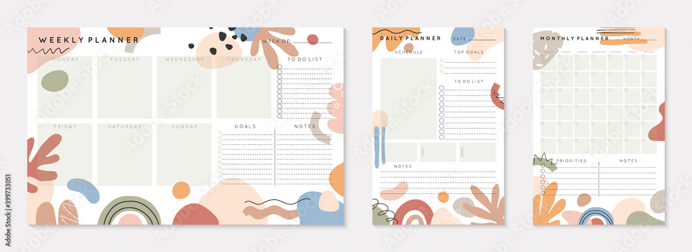 Vector daily,weekly,monthly planners templates with abstract organic ...