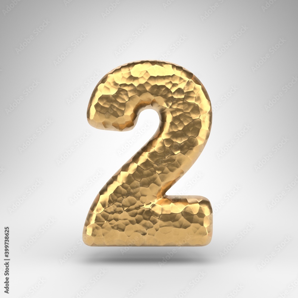 Number 2 on white background. Hammered brass 3D number with shiny ...