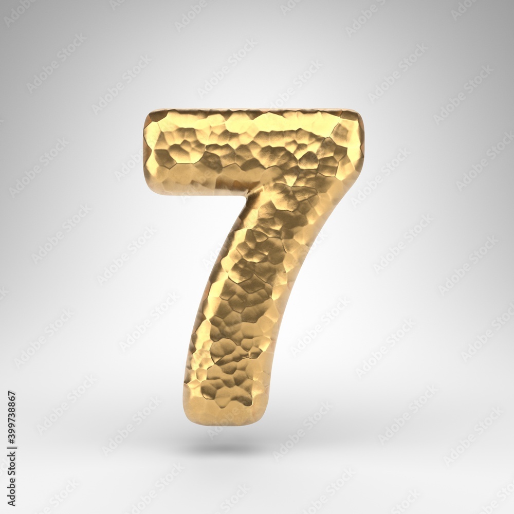 Number 7 on white background. Hammered brass 3D number with shiny ...