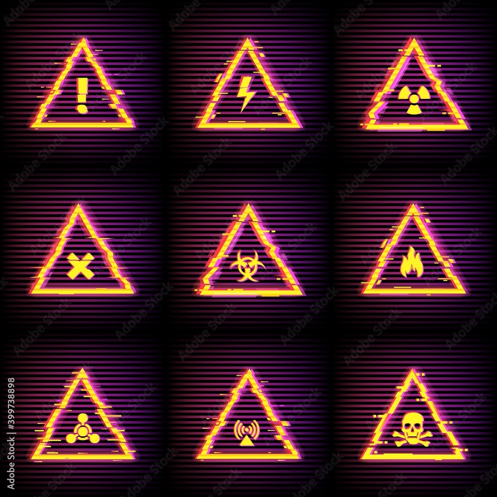Hazard warning vector signs with digital glitch and pixel noise effect ...