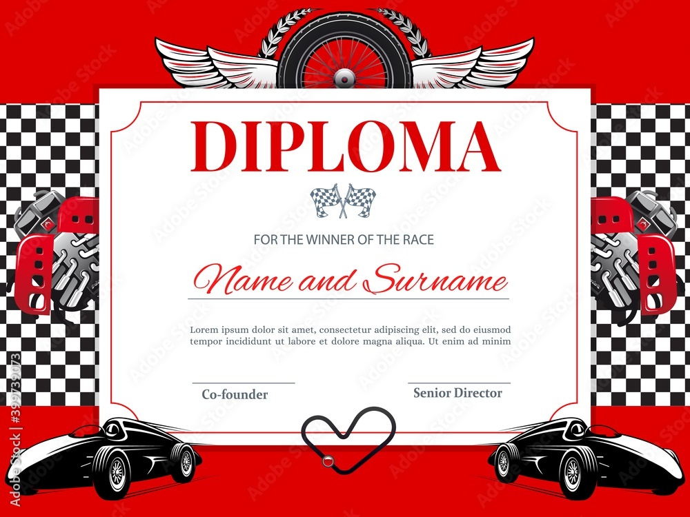 Certificate, car races and speed winner diploma, vector sport motocross ...