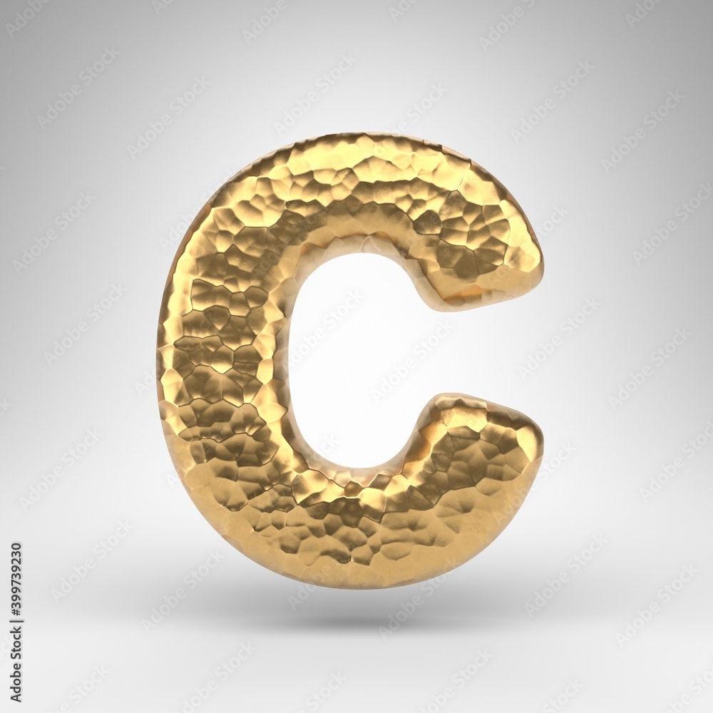 Letter C uppercase on white background. Hammered brass 3D letter with ...