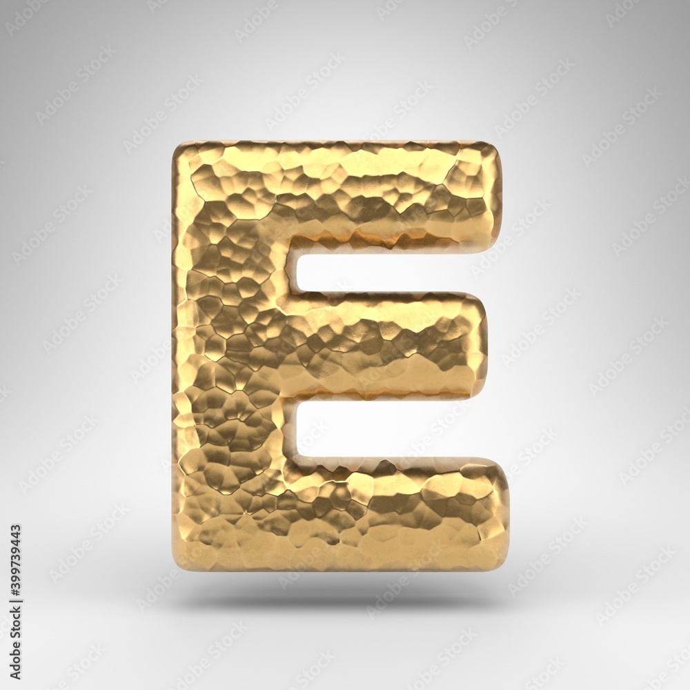 Letter E uppercase on white background. Hammered brass 3D letter with ...