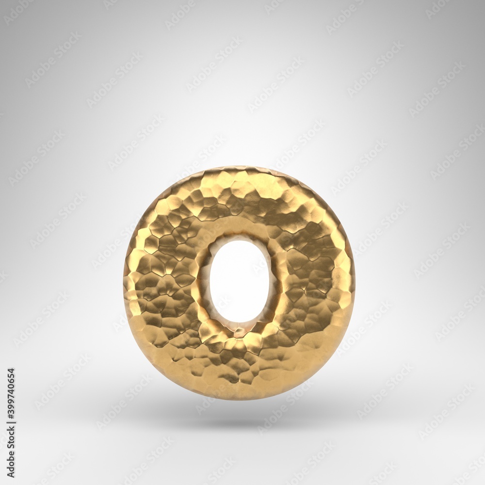 Letter O lowercase on white background. Hammered brass 3D letter with ...