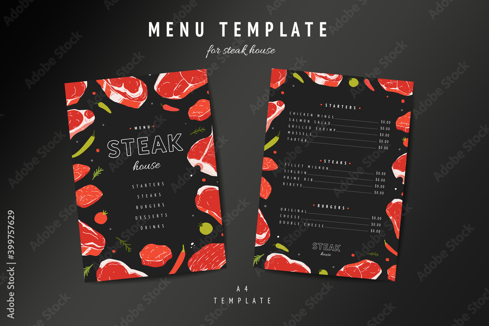 Steak house menu template, meat restaurant menu card design layout ...