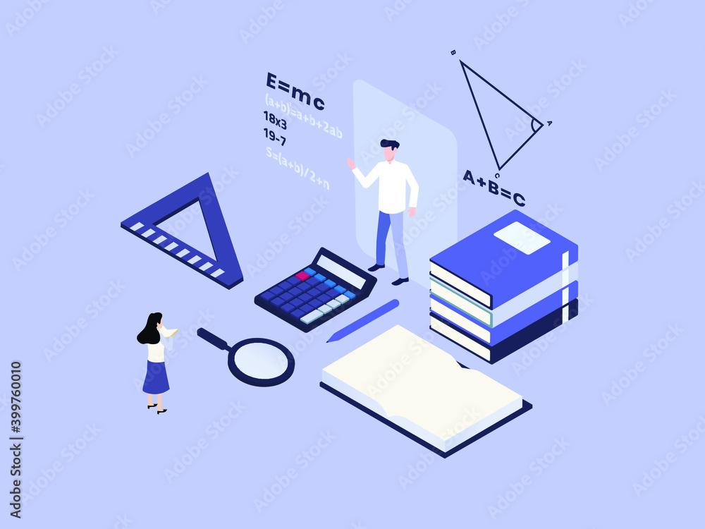 Online education vector concept: Girl studying math with virtual modern ...