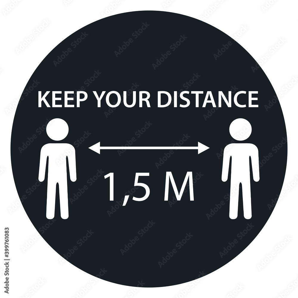 Keep your distance. Round sign of keeping the distance. Two people at a ...