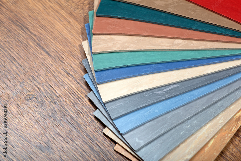 Samples of linoleum in different colors and designs for flooring in ...