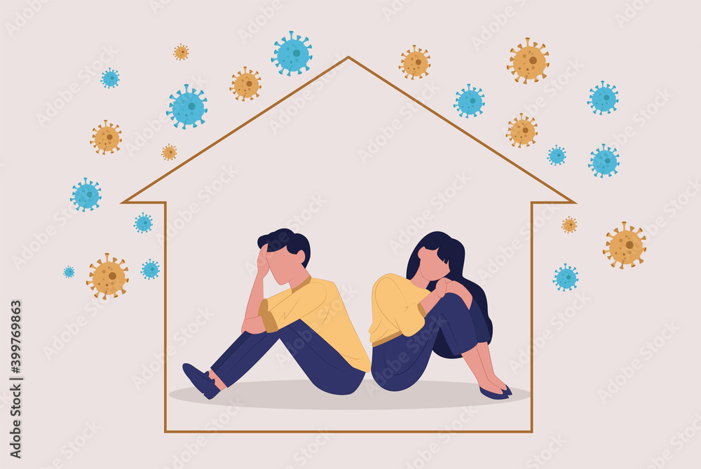 Vector of a sad depressed couple man and woman sitting back to back ...