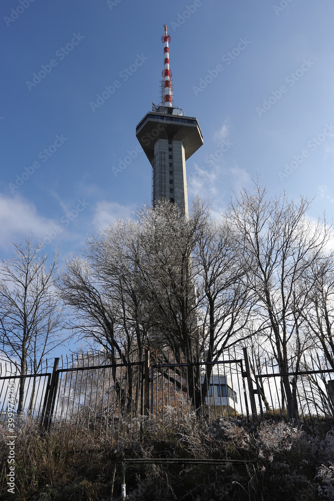 Telecommunication tower with antennas. Vitosha Mountain TV Tower, known ...