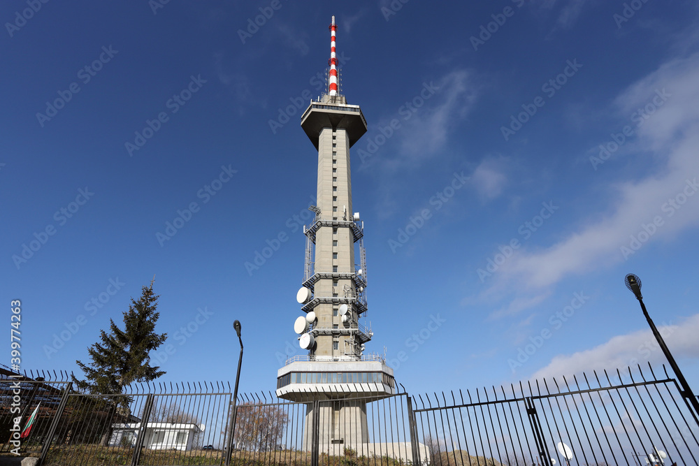 Telecommunication tower with antennas. Vitosha Mountain TV Tower, known ...