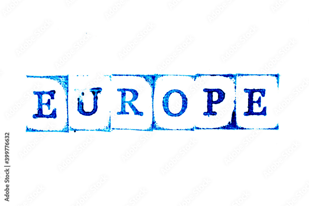 Blue color ink of rubber stamp in word europe on white paper background ...
