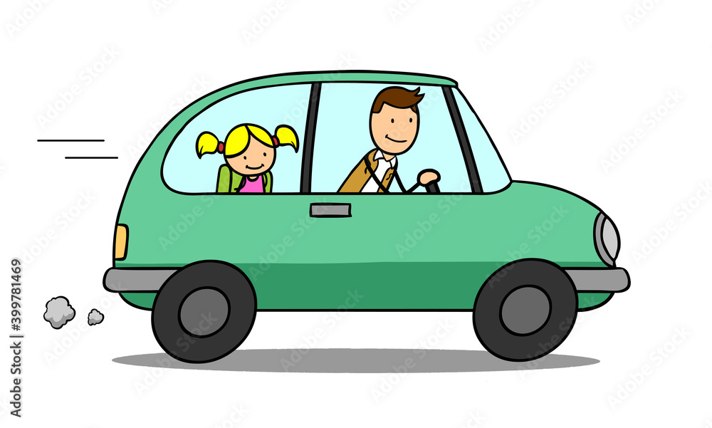 Vater bringt Schulkind als Elterntaxi im Auto zur Schule Stock ...