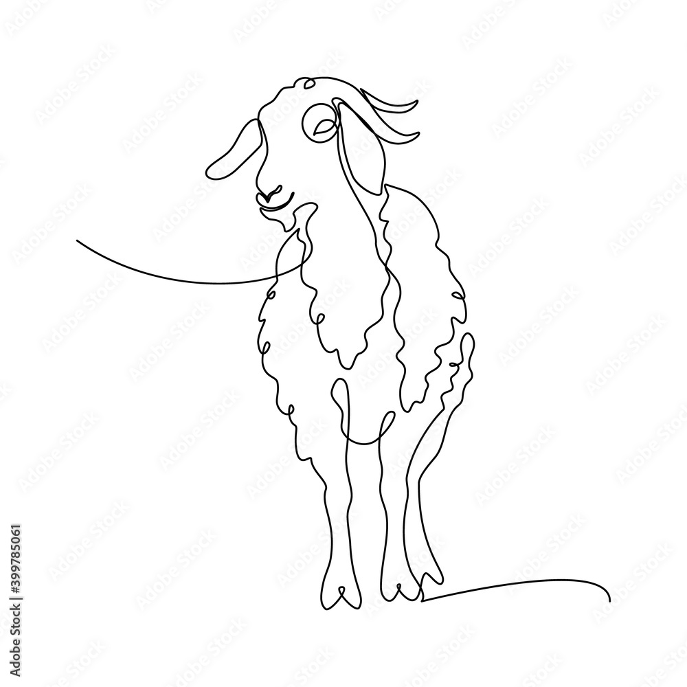 Goat in continuous line art drawing style. Front view of standing goat ...