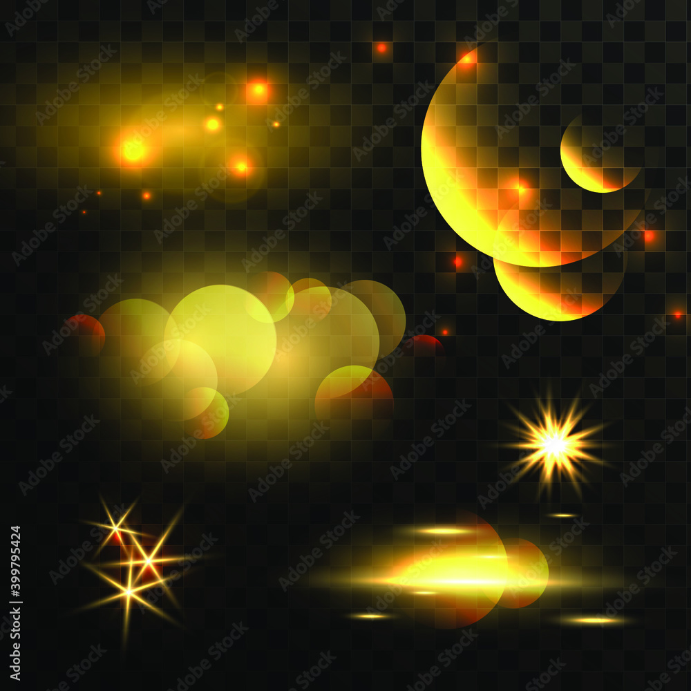 Collection bright lighting effects. Yellow glowing light explodes on a ...
