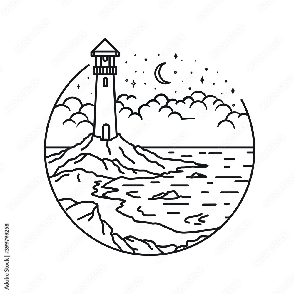 lighthouse line art style, landscape line art design, sea and beach ...