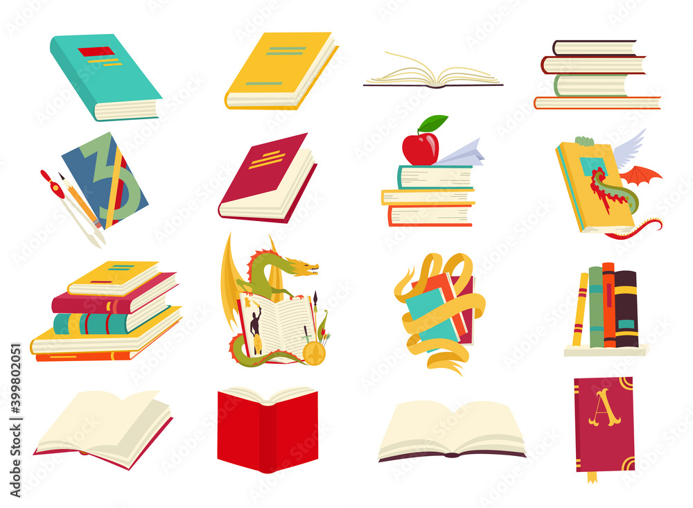 Icons of books set in a flat design style. Books in a stack, open, in a ...