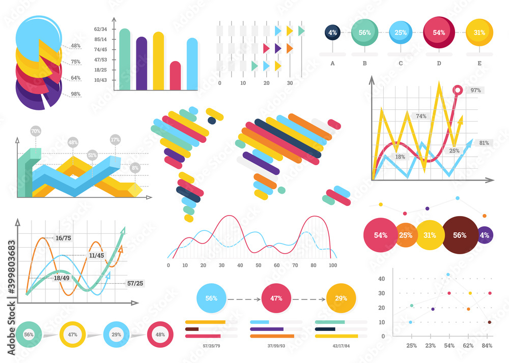 Set of most useful infographic elements - bar graphs, world map, pie ...