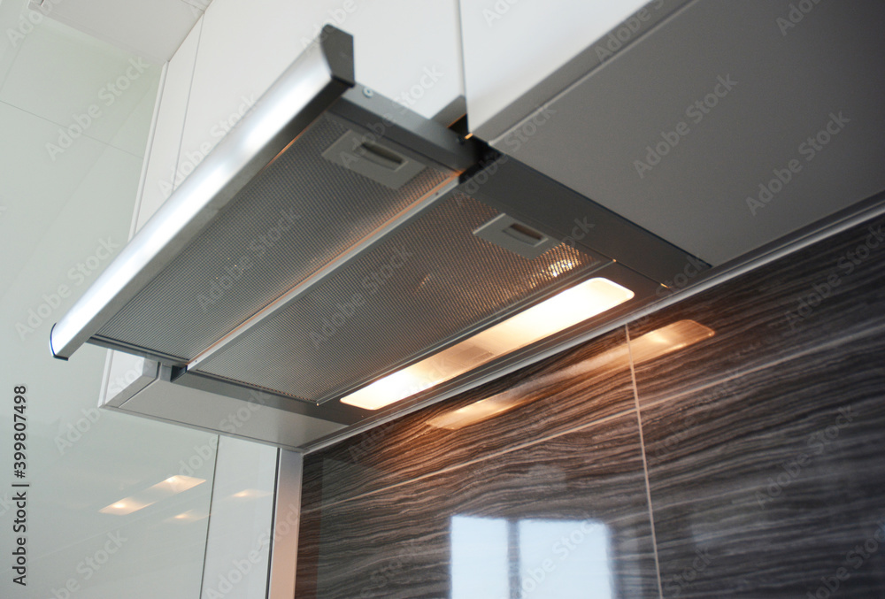 A close-up on a built in, integrated into kitchen cabinet stainless ...