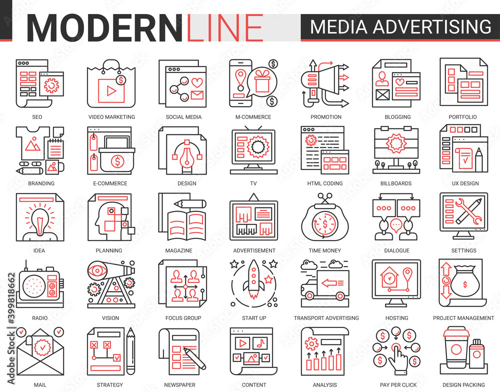 Media advertising complex line vector illustration set. Red black thin ...