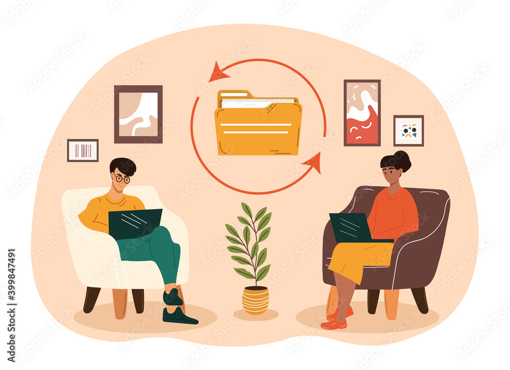 Vecteur Stock Male and female characters sitting in cozy room sharing ...