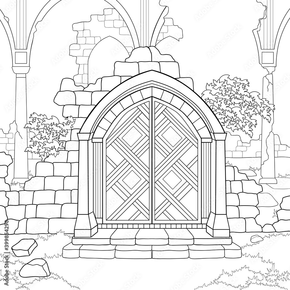 Ancient gates with ruins of castle, plants, arches, pillars, sky on ...