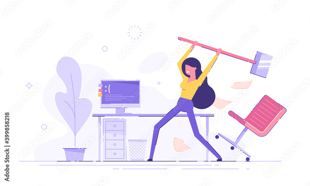 Furious office worker is destroying her own personal computer by hammer ...