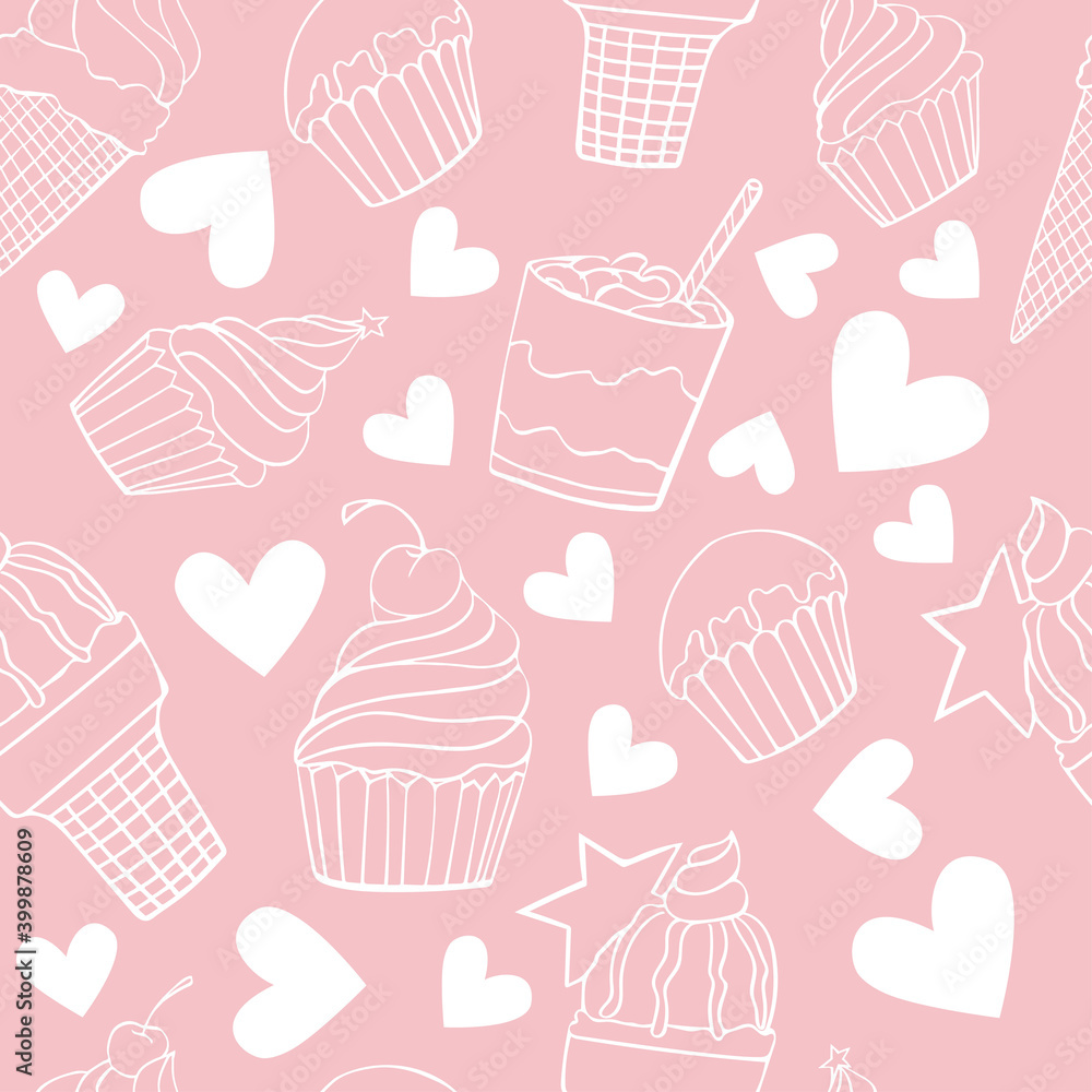 Seamless pattern with doodle sweets, desserts, ice cream, muffin on ...