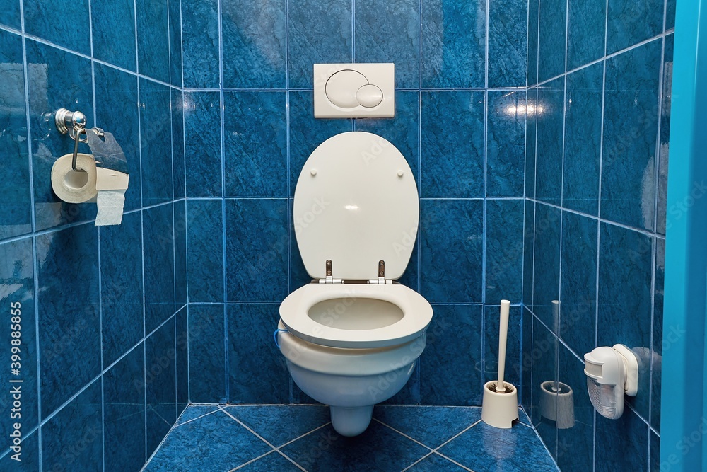 Toilet in blue tiled bathroom Stock Photo | Adobe Stock