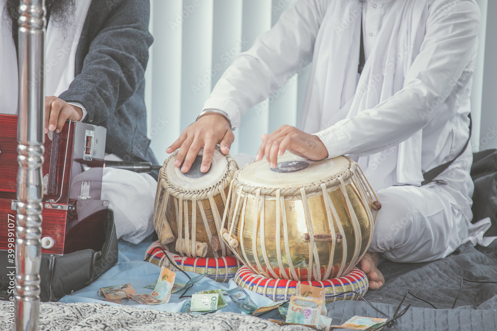 Indian Punjabi Sikh traditional musical instruments drums close up ...