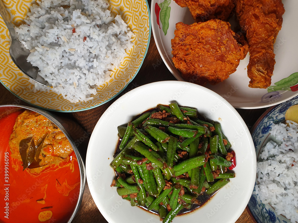 Asian food Nasi Lemak, Malay fragrant rice dish cooked in coconut milk ...