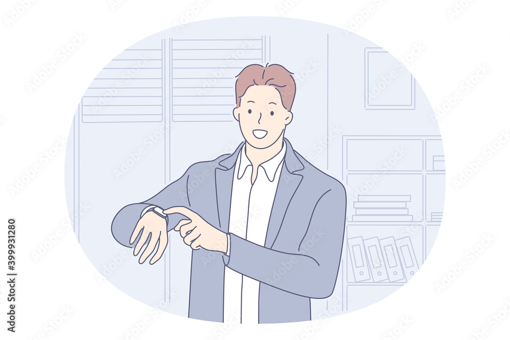 Time management, wristwatch, being on time concept. Young smiling ...