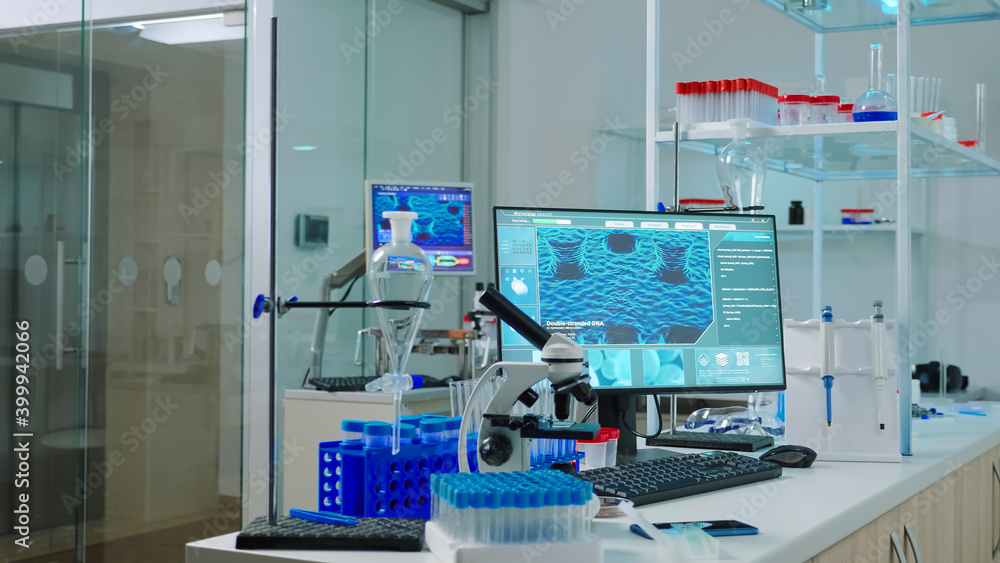 Interior of modern science laboratory with no people prepared for ...