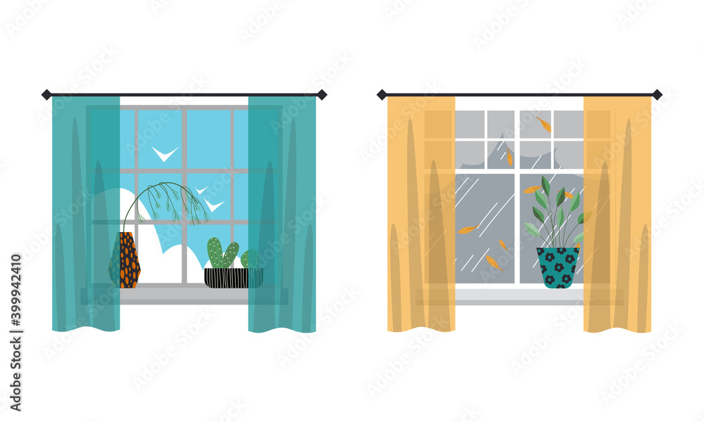 Set of two windows with a different season and weather. Vector graphic ...