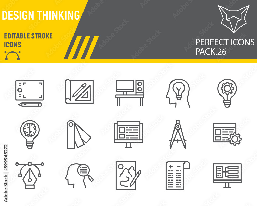 Design thinking line icon set, ideation collection, vector sketches ...