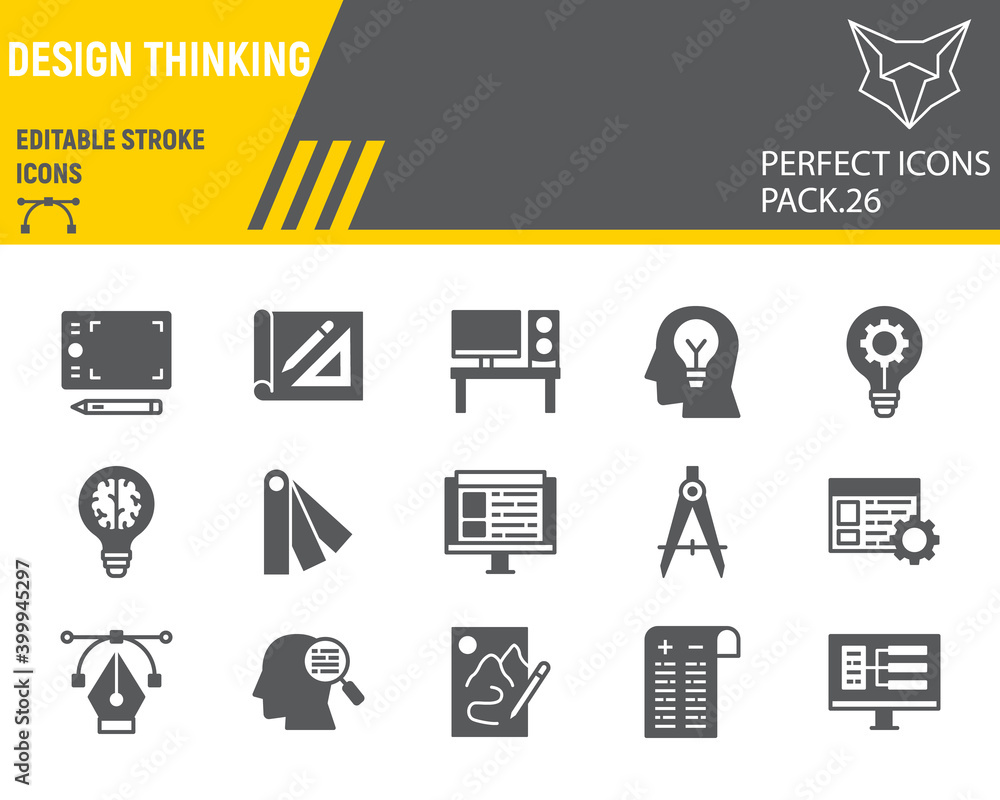 Design thinking glyph icon set, ideation collection, vector sketches ...