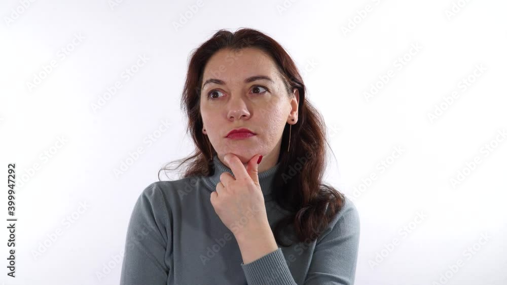 Scratching her chin hand sign. Woman using scratching her chin hand ...