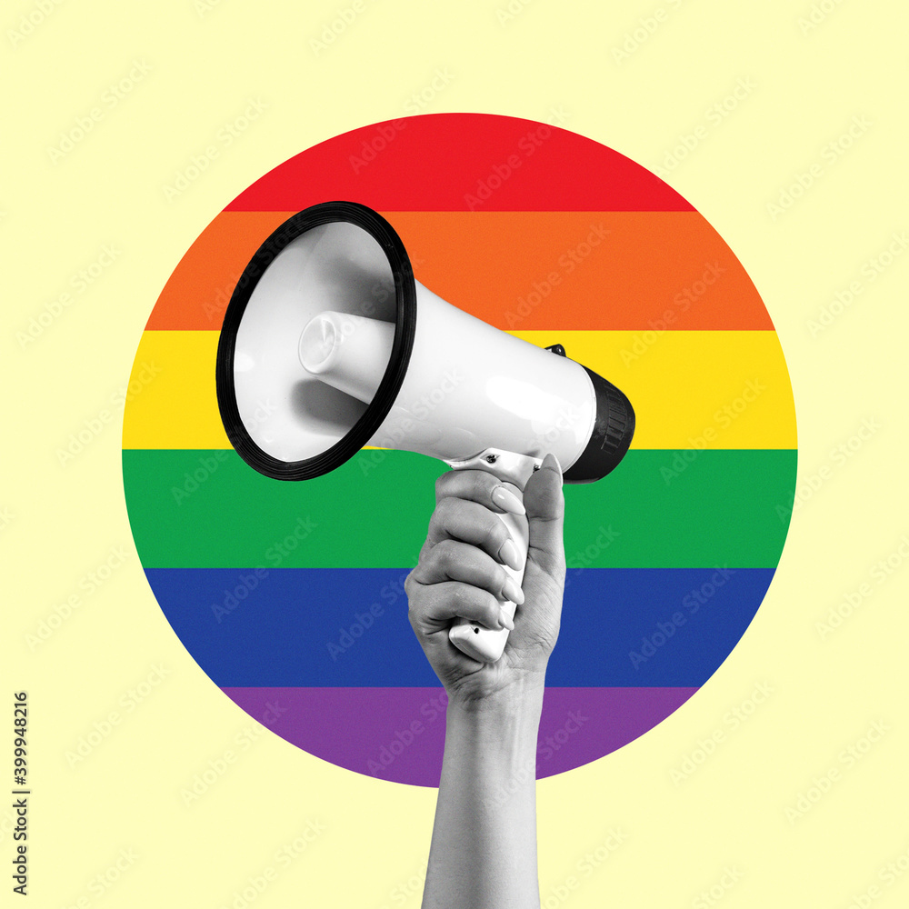 Art design. Female hand with megaphone isolated on LGBT flag background ...