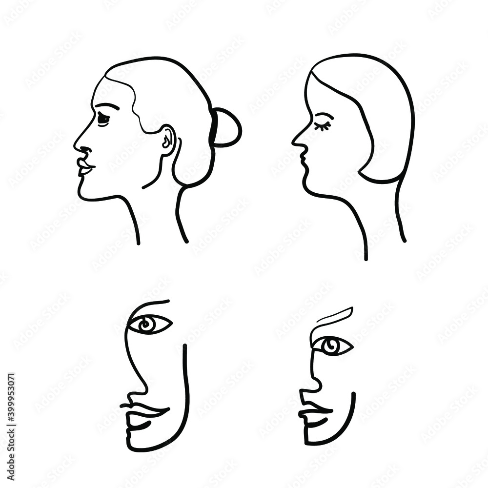 Set of face and half face silhouette. Vector hand drawn one line ...
